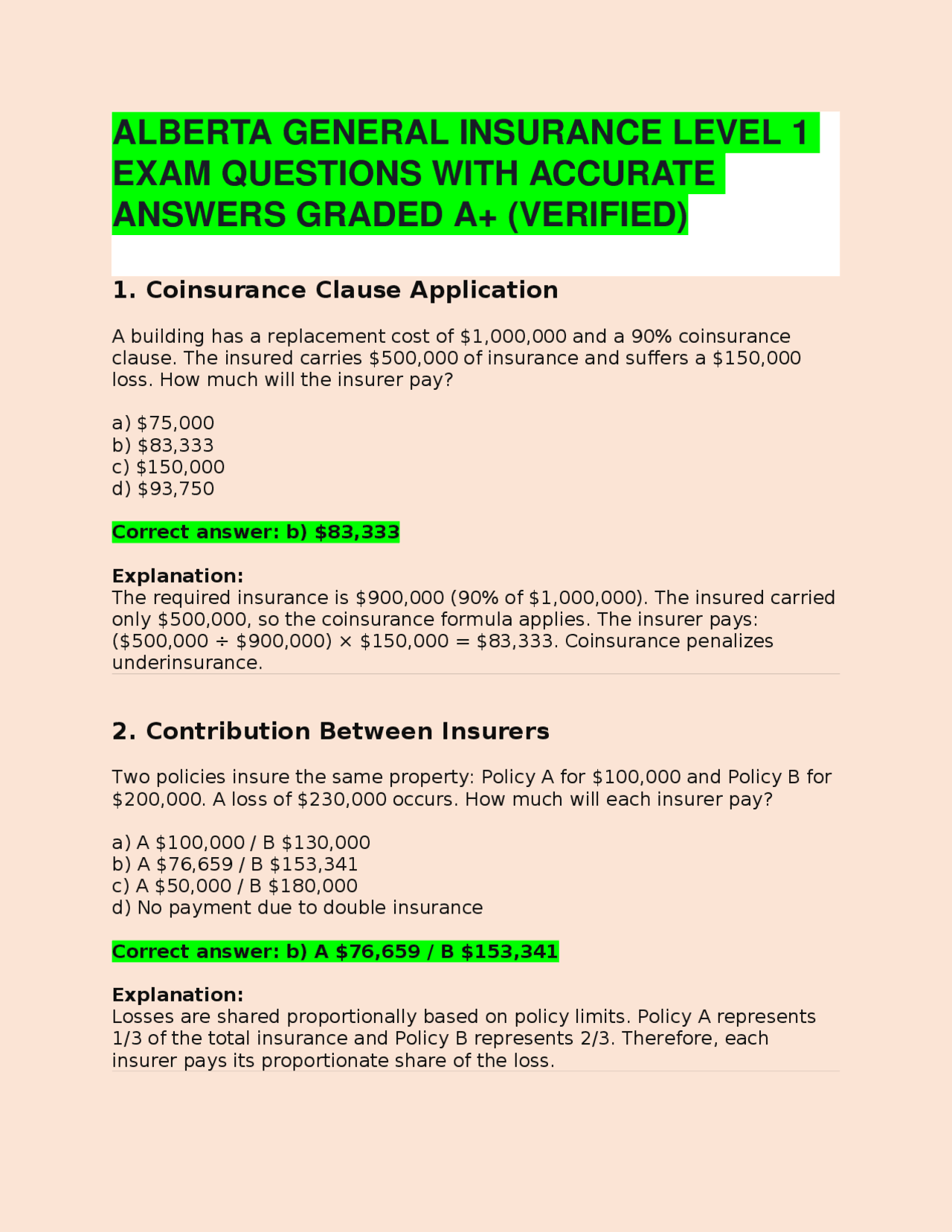 ALBERTA GENERAL INSURANCE LEVEL 1 EXAM QUESTIONS WITH ACCURATE ANSWERS ...