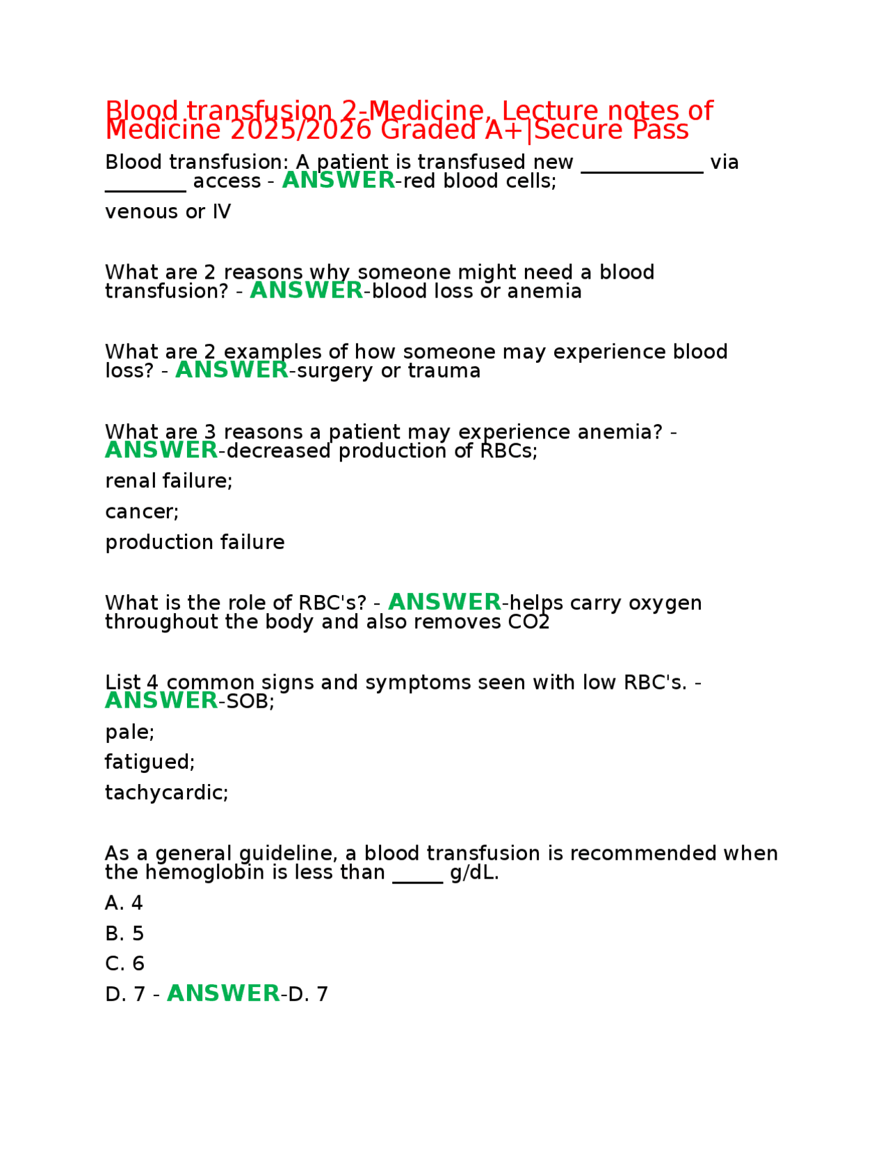 Blood transfusion 2-Medicine, Lecture notes of Medicine 2025/2026 ...