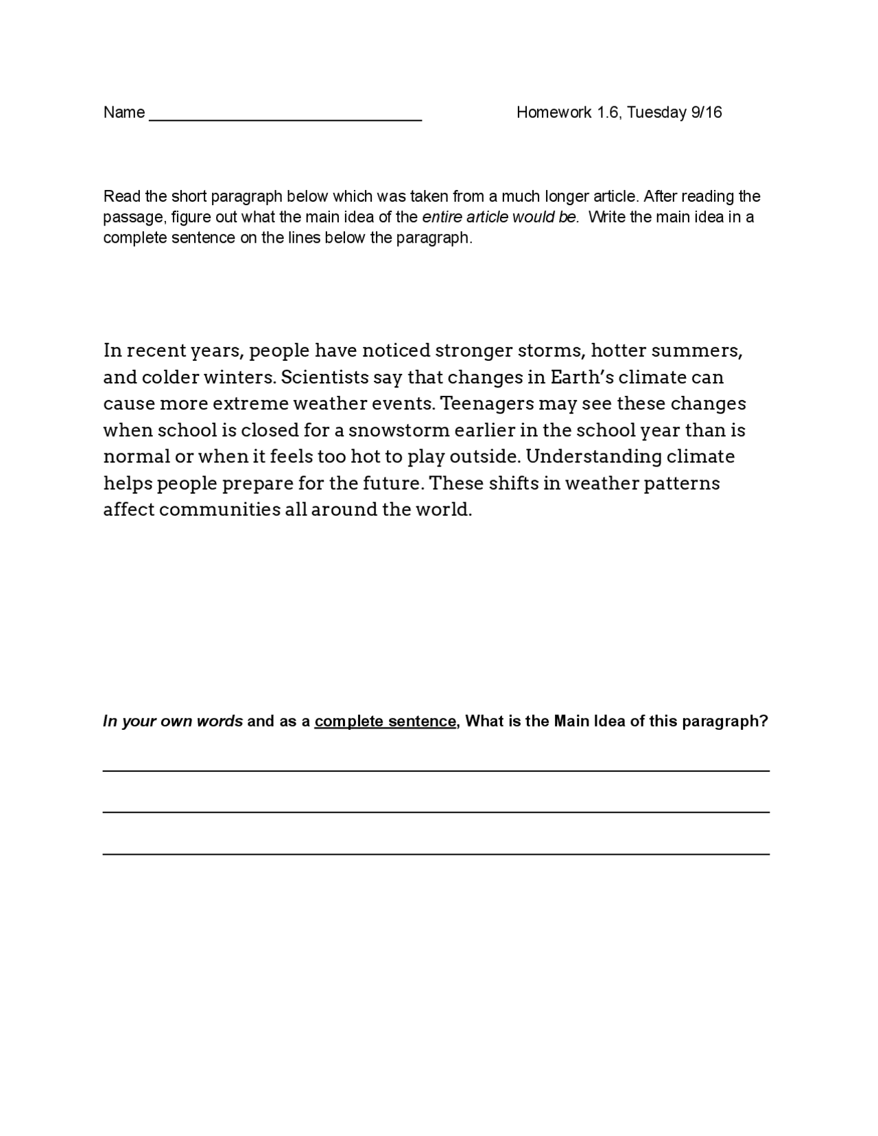 Main Idea of a Paragraph Practice | Exercises Biology | Docsity