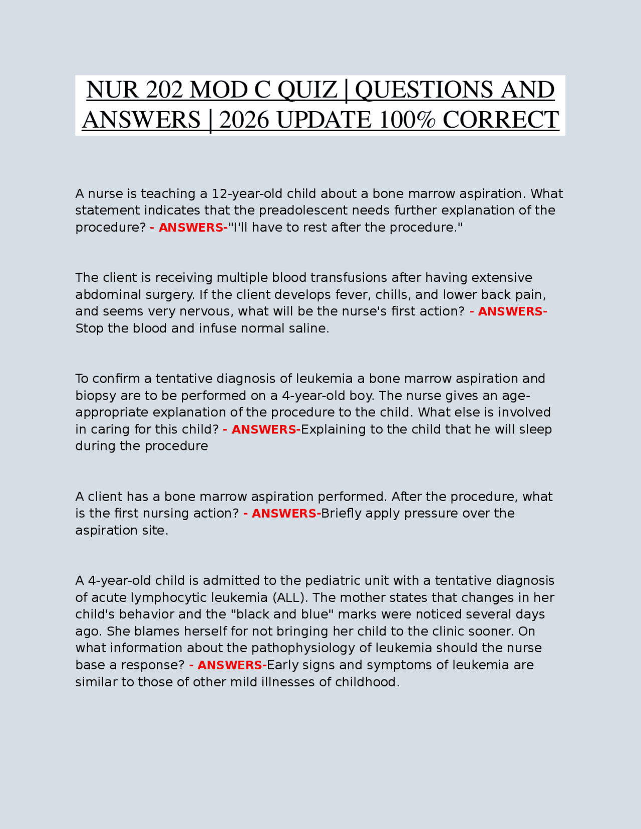 NUR 202 Module C Quiz (2026 Update) | 100% Correct Questions & Answers ...