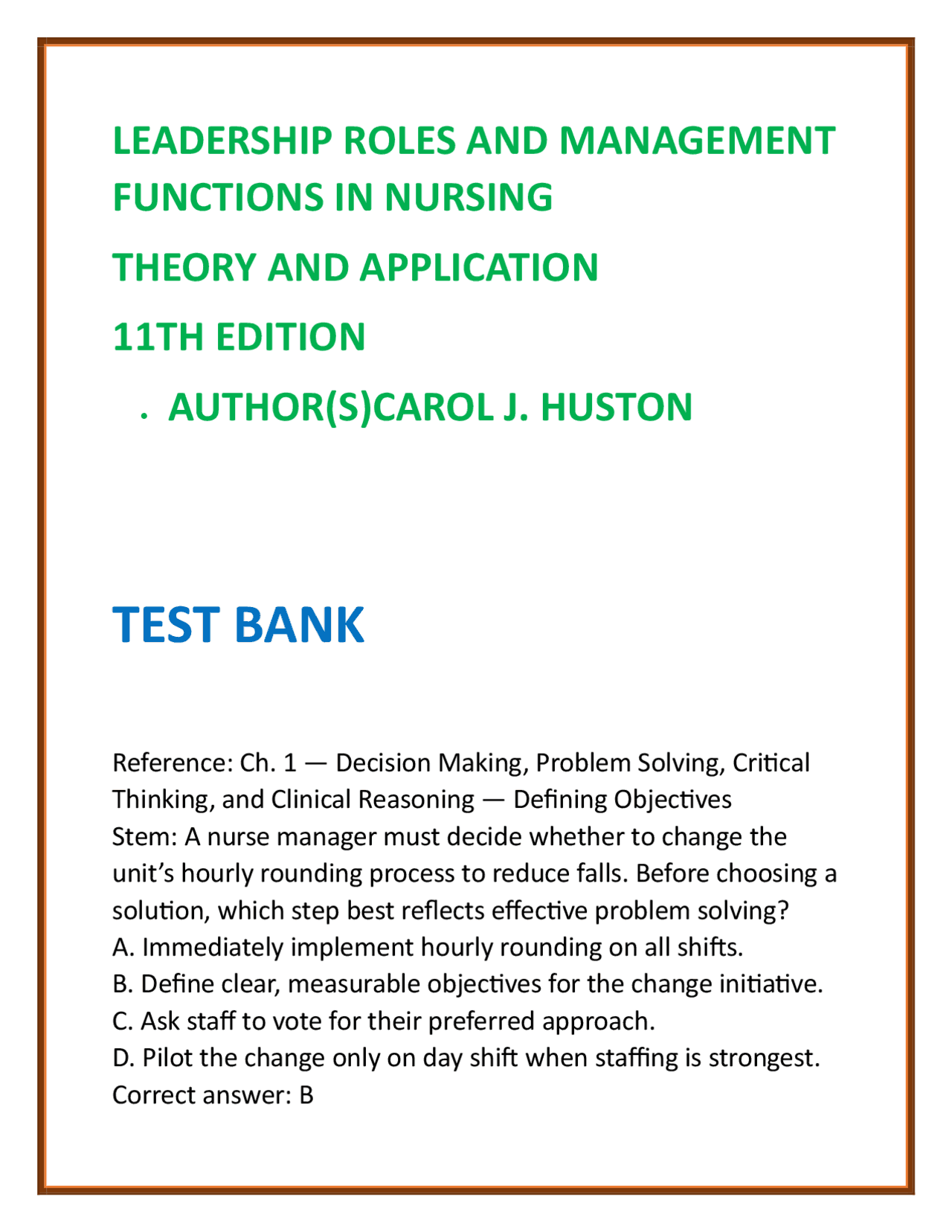 Leadership Roles & Management Functions in Nursing Test Bank 2026 ...