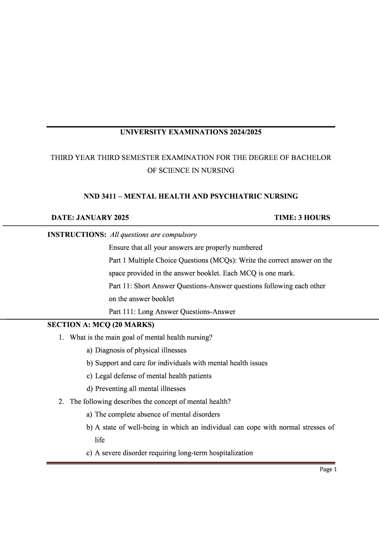 Mental Health and Psychiatric Nursing question paper with answers for ...