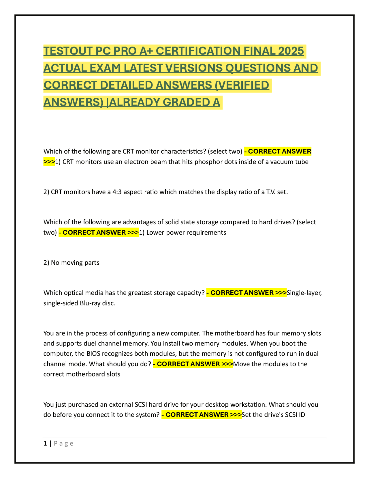 TESTOUT PC PRO A+ CERTIFICATION FINAL 2025 EXAM LATEST VERSIONS ...
