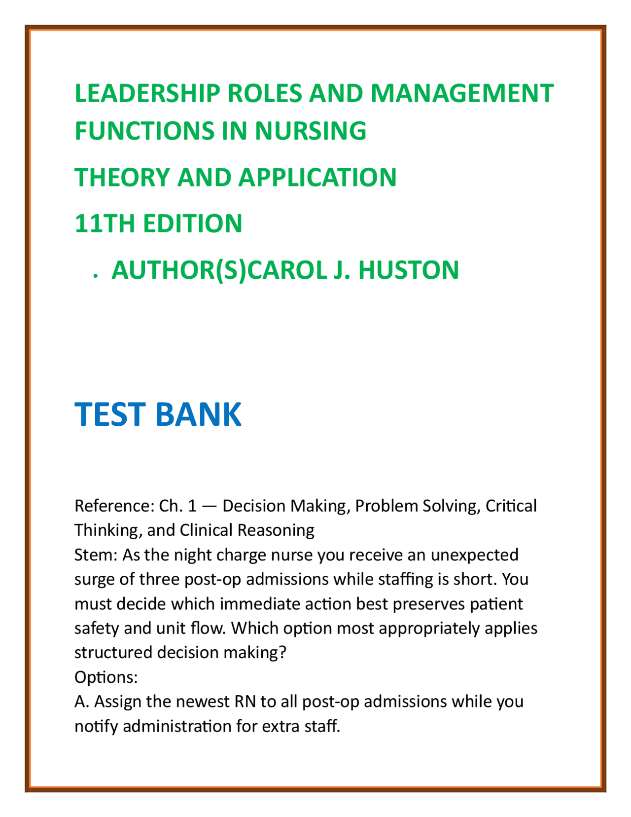 Leadership Roles & Management Functions in Nursing 11th Ed Test Bank ...