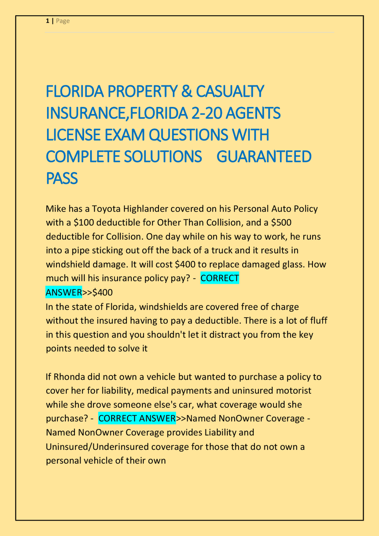 FLORIDA PROPERTY & CASUALTY INSURANCE,FLORIDA 2-20 AGENTS LICENSE EXAM ...