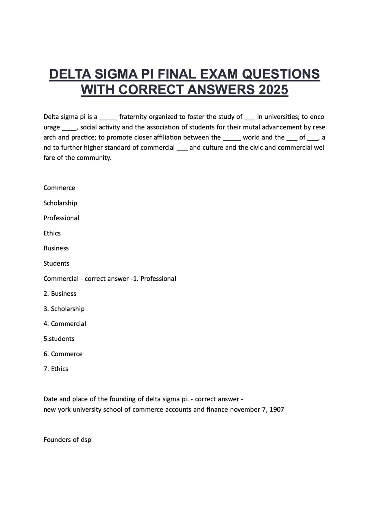Delta Sigma Pi Final Exam Questions With Correct Answers 2026 ...