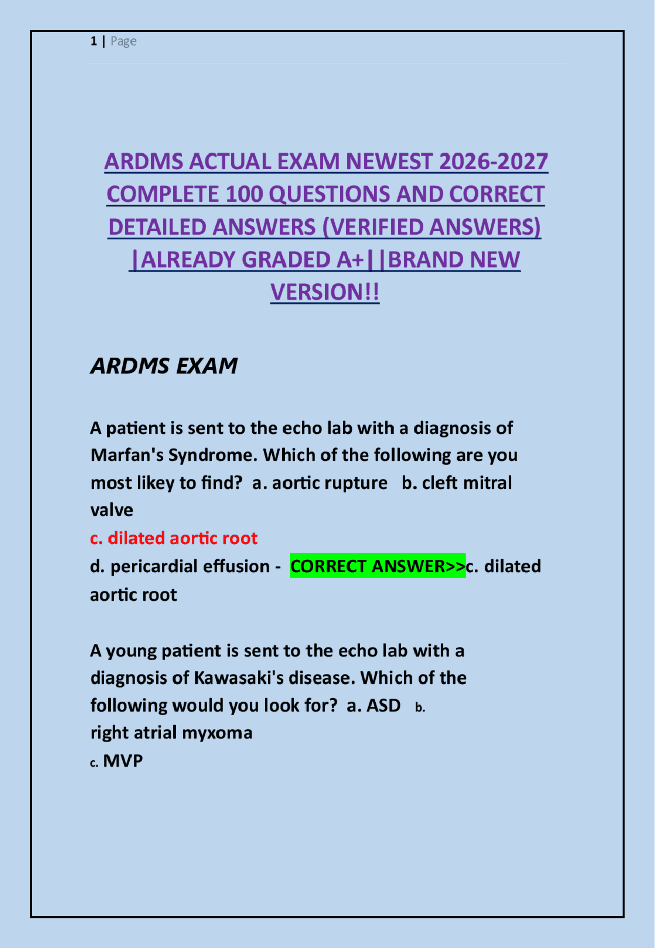 ARDMS ACTUAL EXAM NEWEST 2026-2027 COMPLETE 100 QUESTIONS AND CORRECT ...
