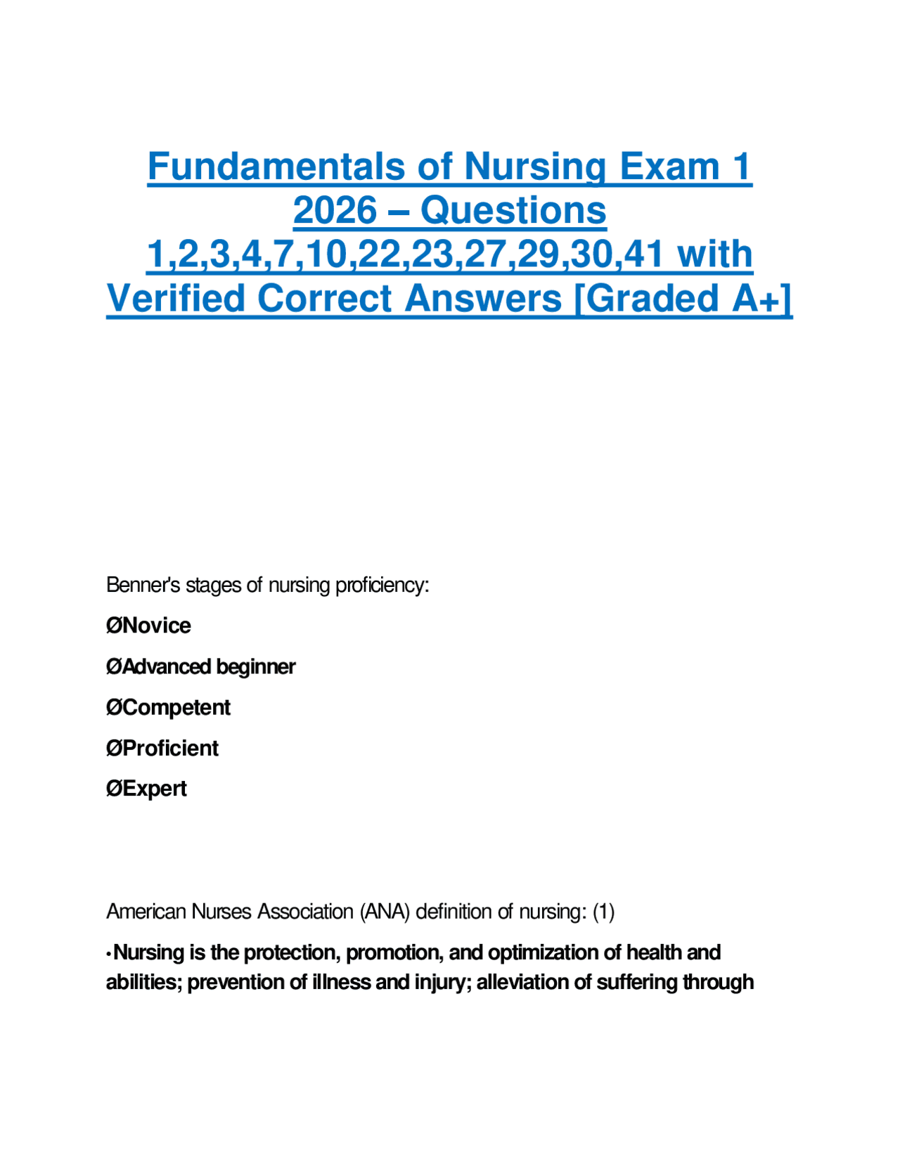 Fundamentals of Nursing Exam 1 2026 – Questions 1,2,3,4,7,10,22,23,27 ...
