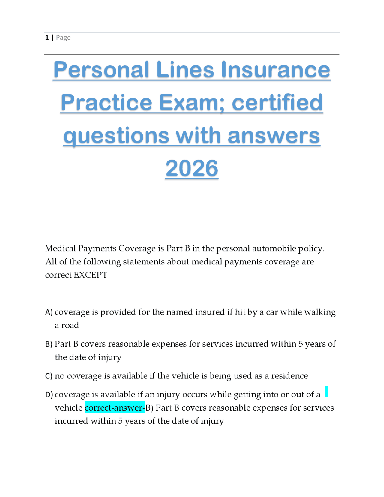 Personal Lines Insurance Practice Exam: 2026 Certified Questions ...