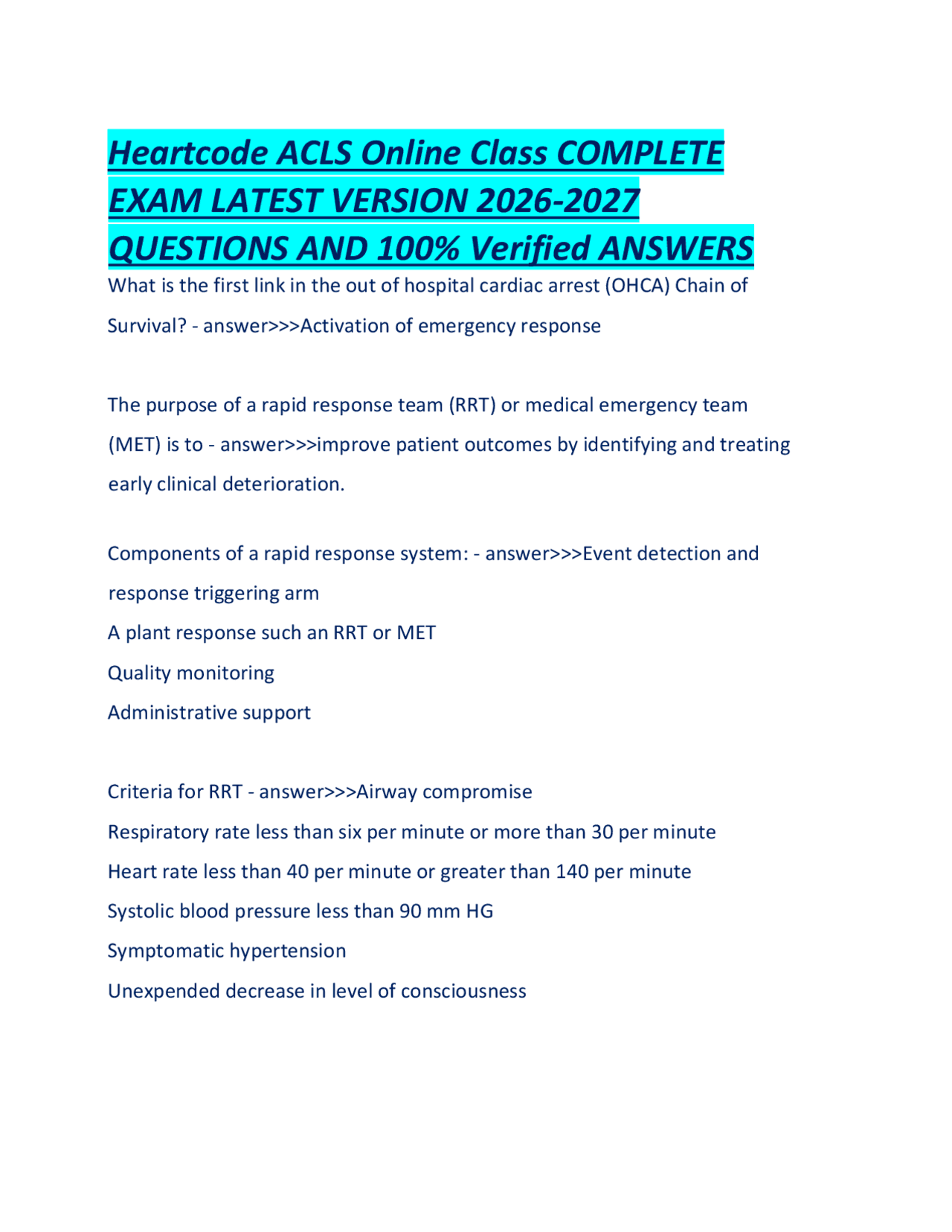 Heartcode ACLS Online Class COMPLETE EXAM LATEST VERSION 2026-2027 ...