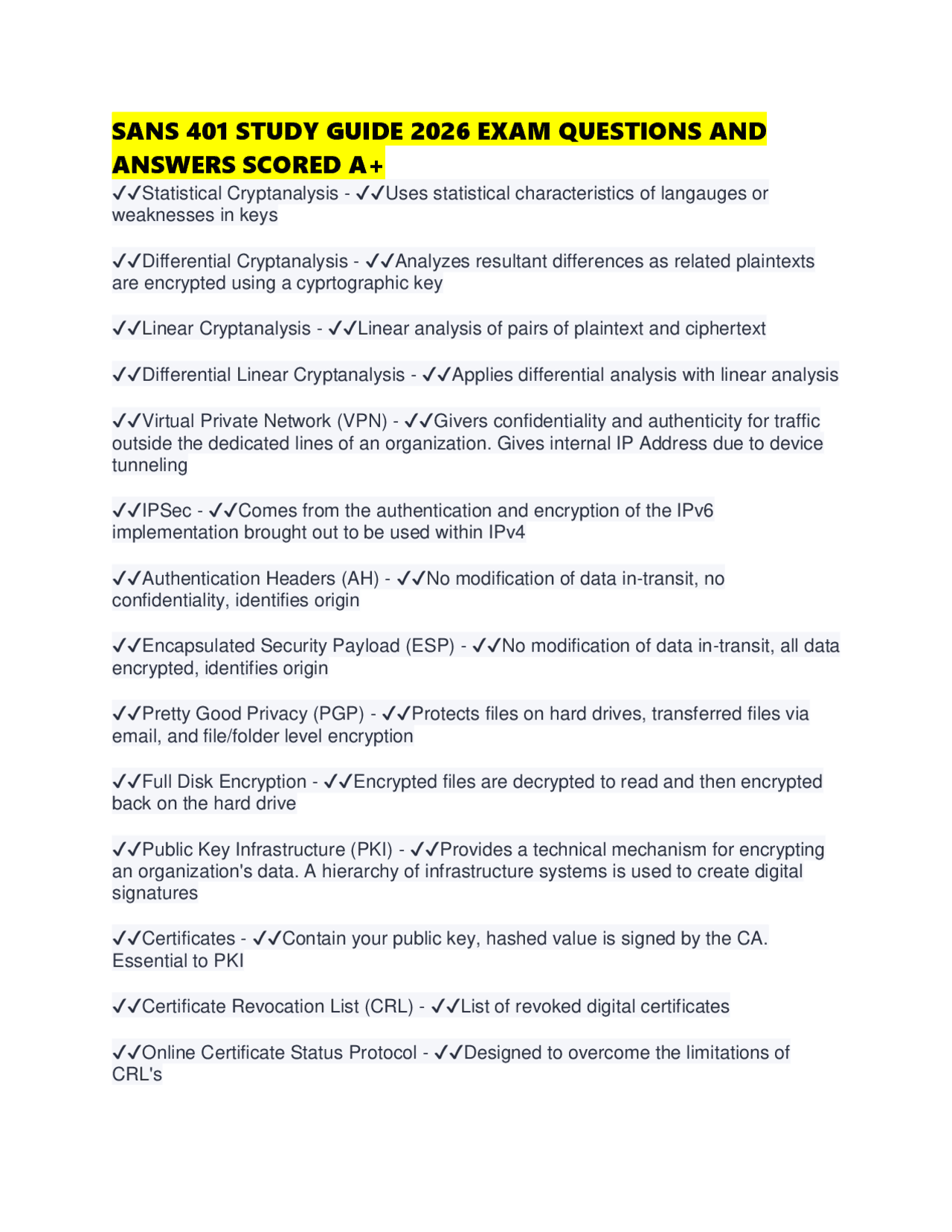 SANS 401 STUDY GUIDE 2026 EXAM QUESTIONS AND ANSWERS SCORED A.pdf ...