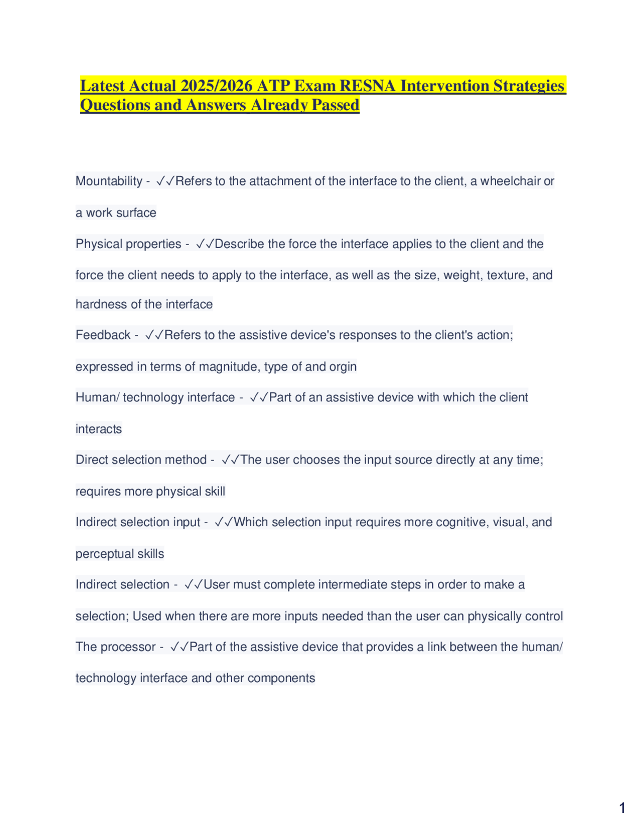 Latest Actual 2025/2026 ATP Exam RESNA Intervention Strategies ...