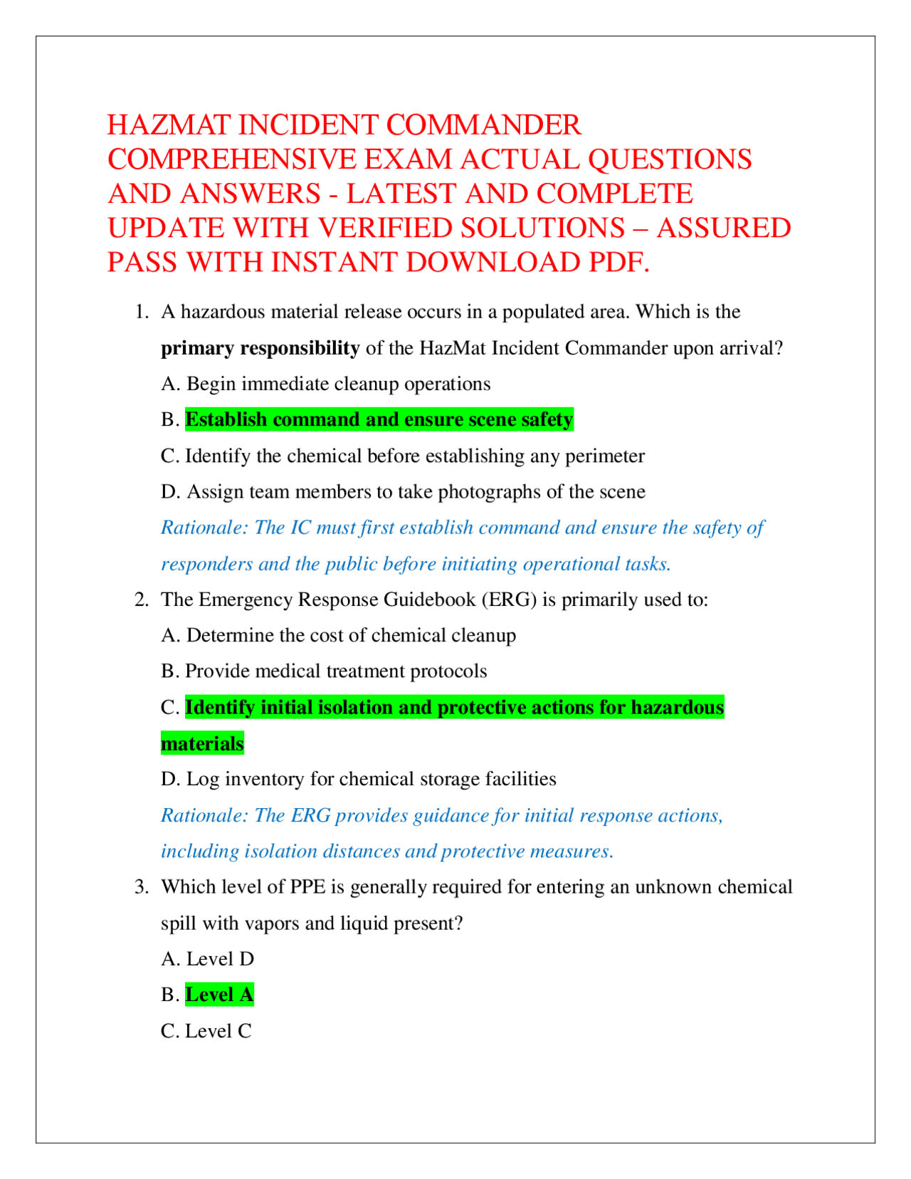 HAZMAT INCIDENT COMMANDER COMPREHENSIVE EXAM ACTUAL QUESTIONS AND ...