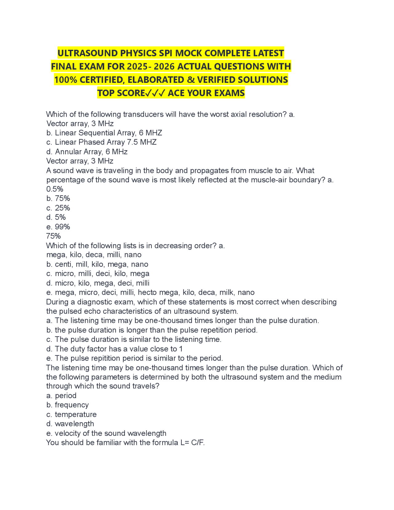 ULTRASOUND PHYSICS SPI MOCK COMPLETE LATEST FINAL EXAM FOR 2025- 2026 ...
