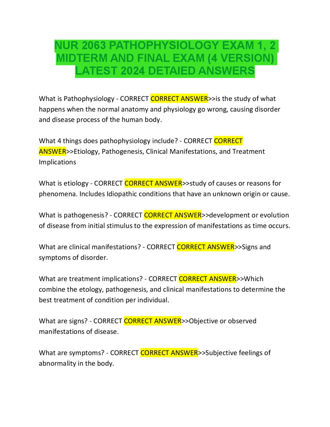 NUR 2063 PATHOPHYSIOLOGY EXAM 1, 2 MIDTERM AND FINAL EXAM (4 VERSION ...