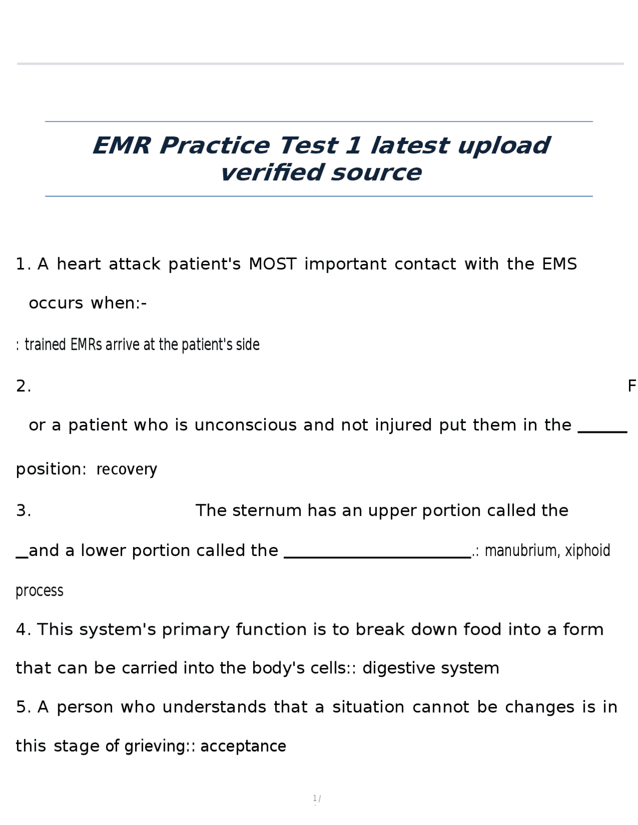 EMR Practice Test 1 latest upload verified source | Exams Nursing | Docsity