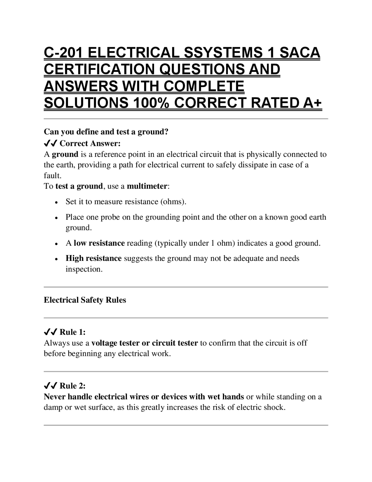 C-201 ELECTRICAL SSYSTEMS 1 SACA CERTIFICATION QUESTIONS AND ANSWERS ...