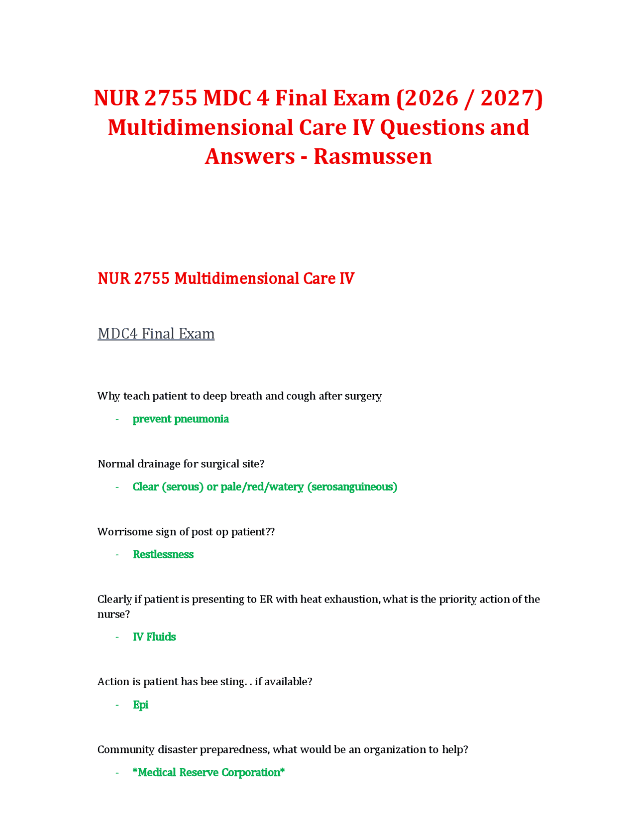 NUR 2755 Multidimensional Care IV Exam –2026/2027 with Questions and ...
