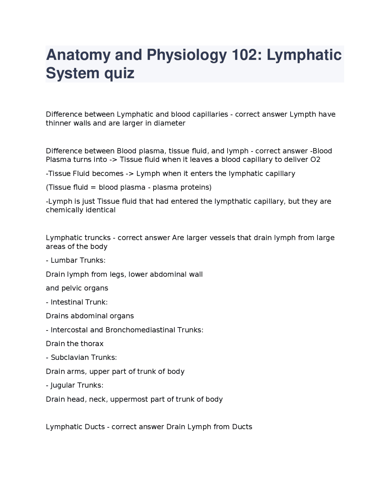 Anatomy and Physiology 102: Lymphatic System quiz with complete ...