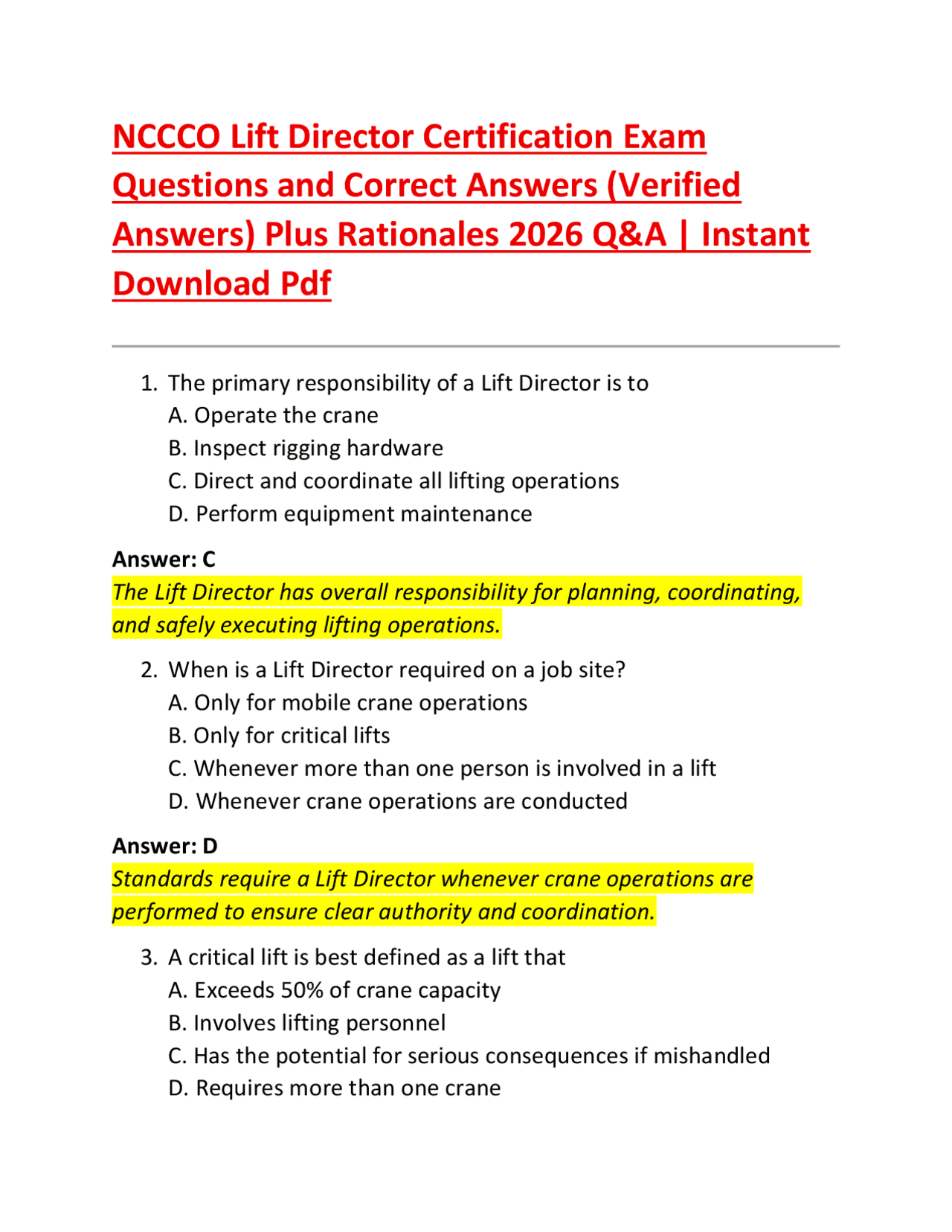 NCCCO Lift Director Certification Exam Questions and Correct Answers ...