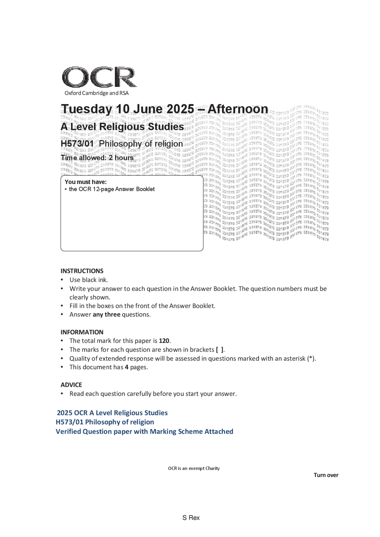 2025 OCR A Level RS H573/01: Philosophy of Religion Exam + Mark Scheme ...
