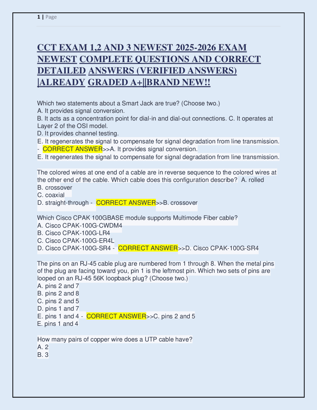 CCT EXAM 1,2 AND 3 NEWEST 2025-2026 EXAM NEWEST COMPLETE QUESTIONS AND ...