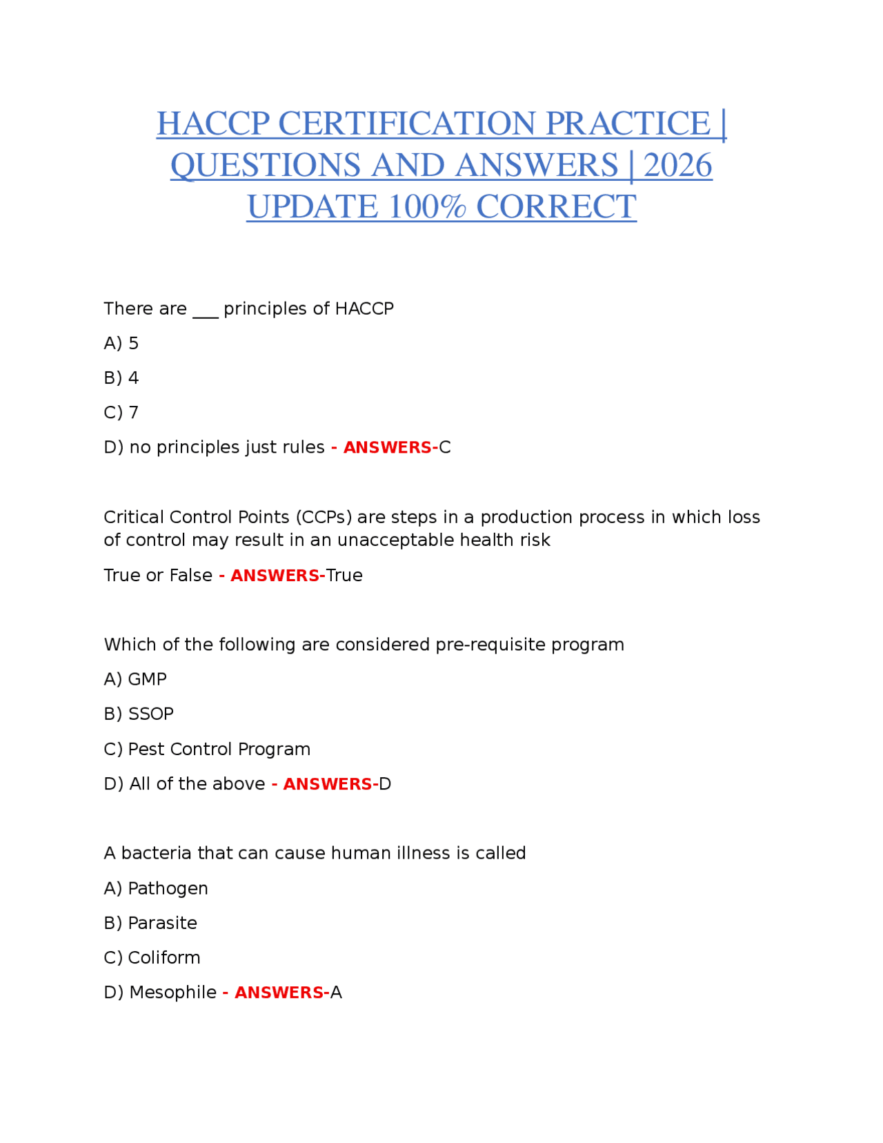 HACCP Certification Practice (2026 Update) | 100% Correct Questions ...