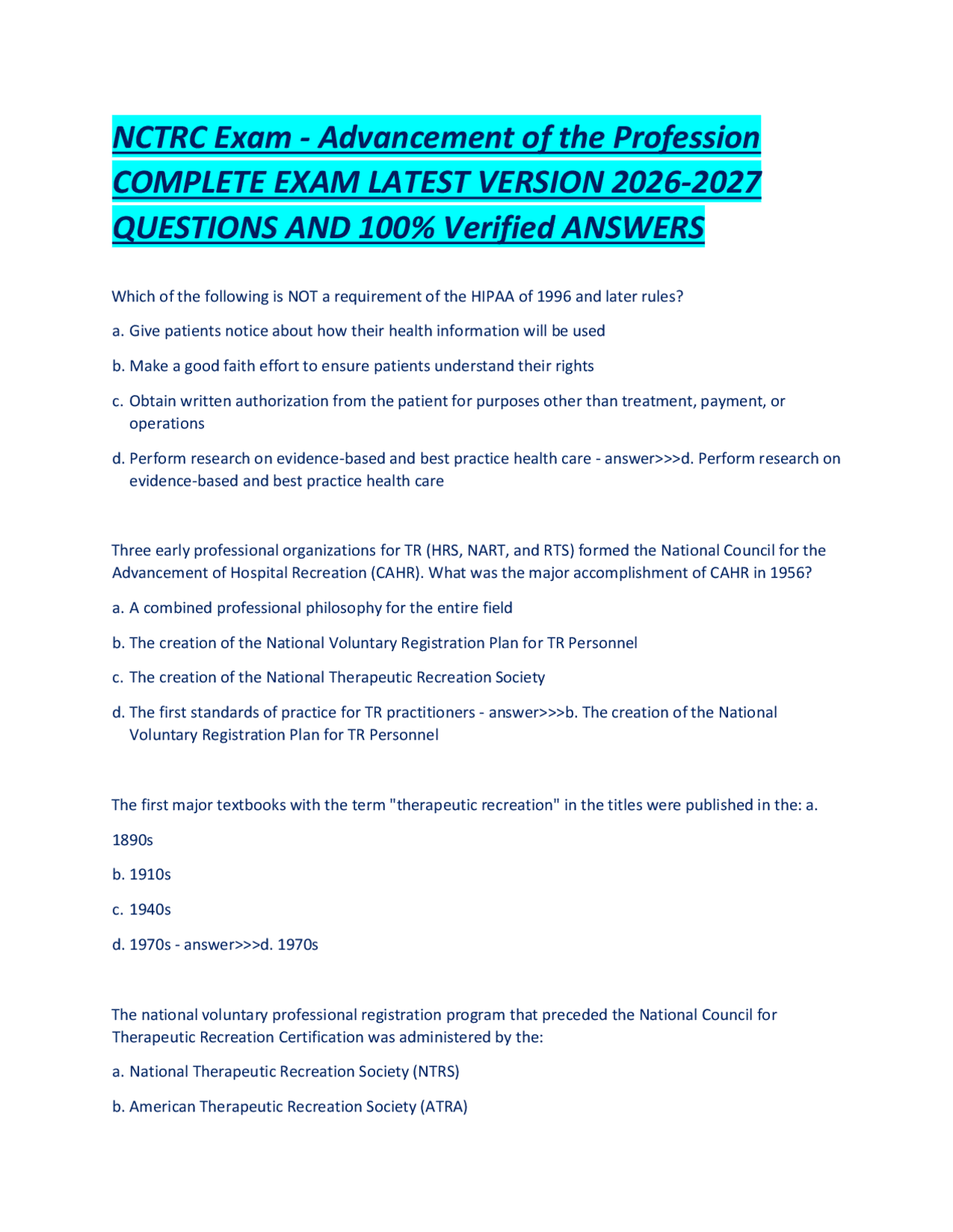 NCTRC Exam - Advancement of the Profession COMPLETE EXAM LATEST VERSION ...