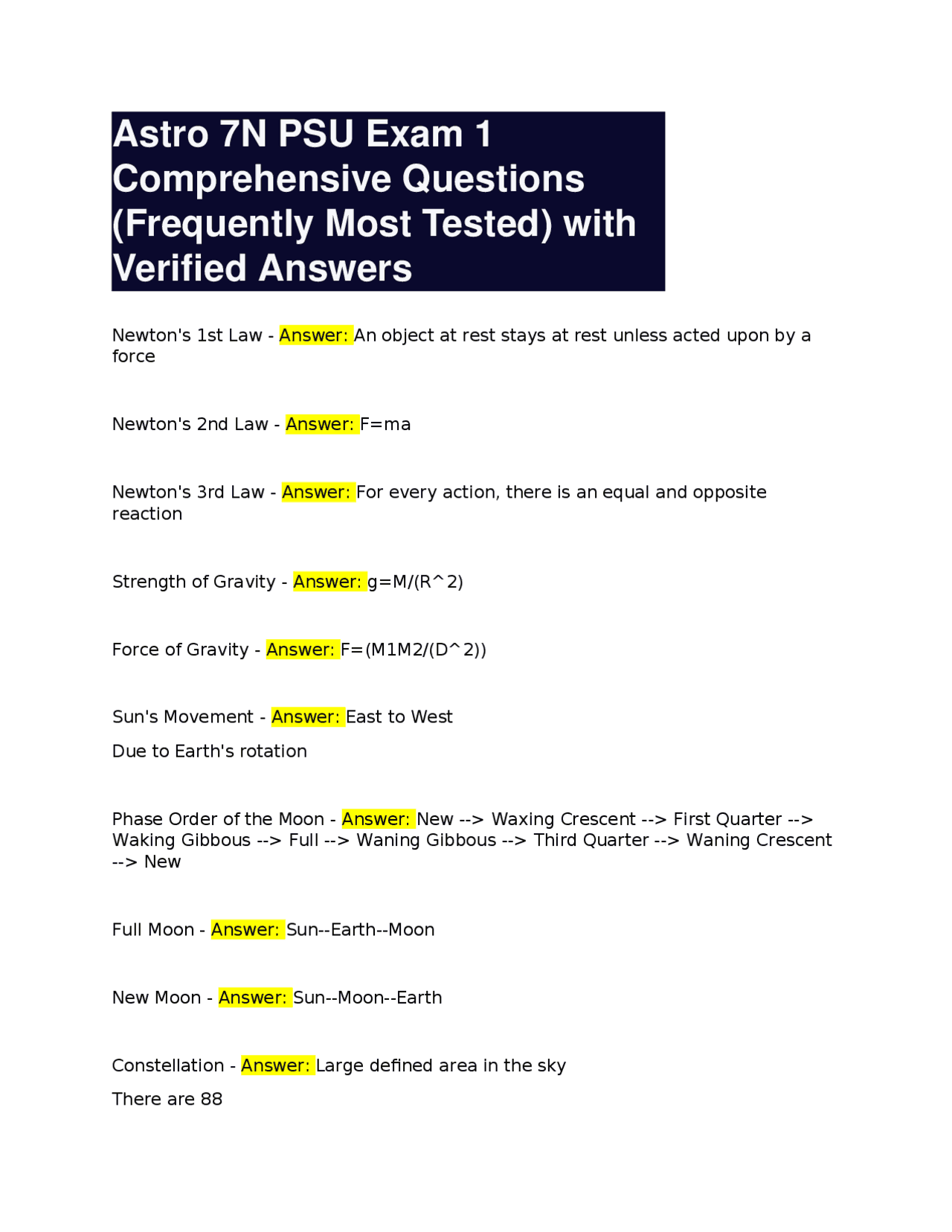 Astro 7N PSU Exam 1 Comprehensive Questions (Frequently Most Tested ...