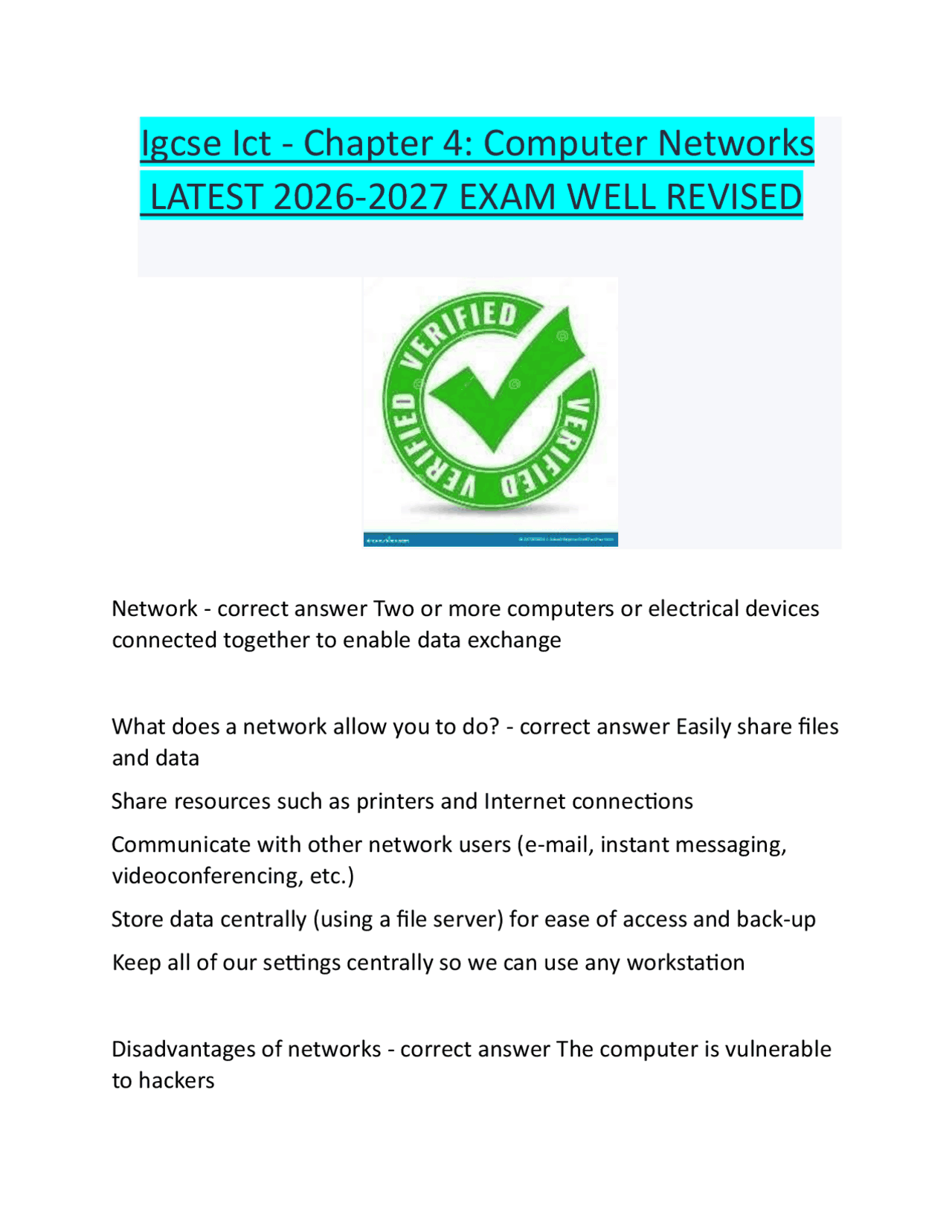 Igcse Ict - Chapter 4: Computer Networks LATEST 2026-2027 EXAM WELL ...