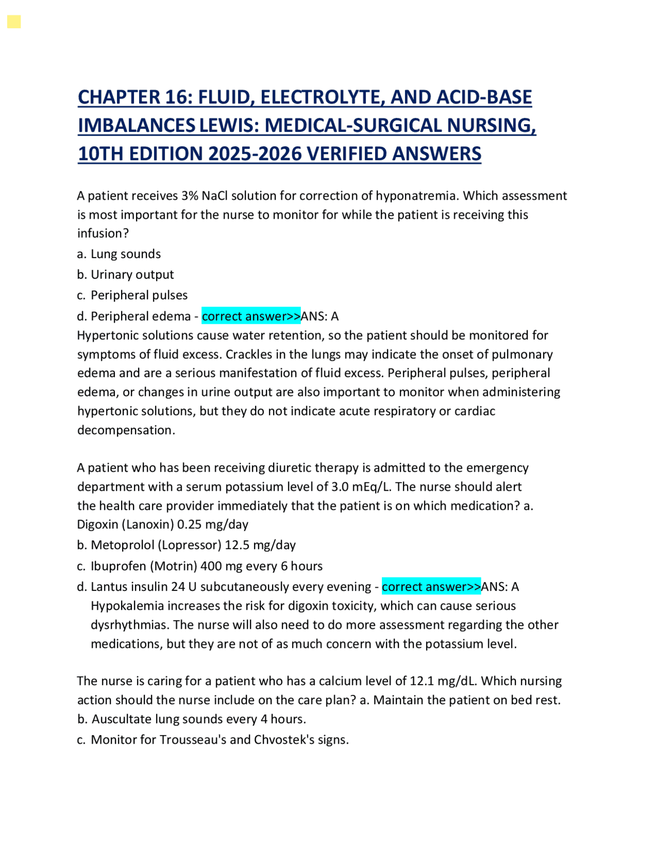 FLUID, ELECTROLYTE, AND ACID-BASE IMBALANCES LEWIS: MEDICAL-SURGICAL ...