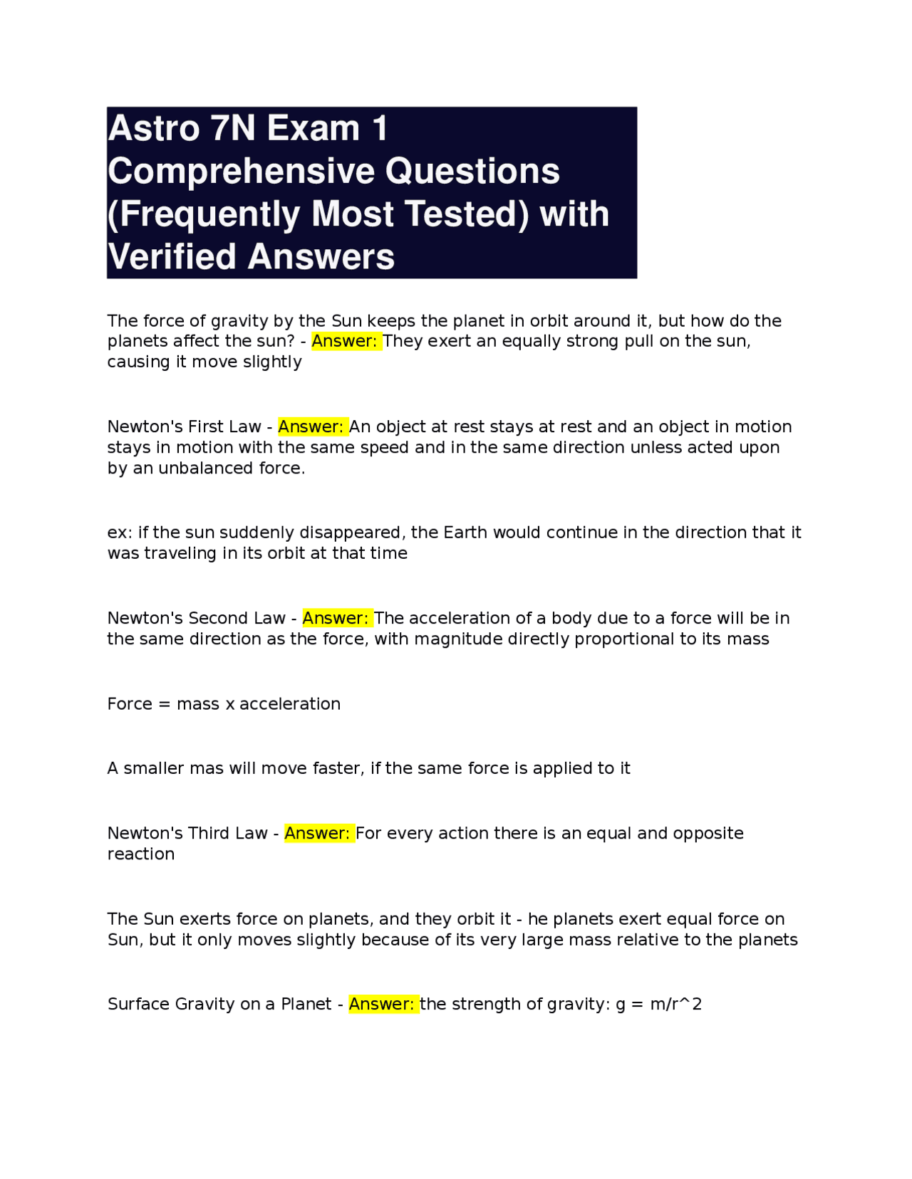 Astro 7N Exam 1 Comprehensive Questions (Frequently Most Tested) with ...