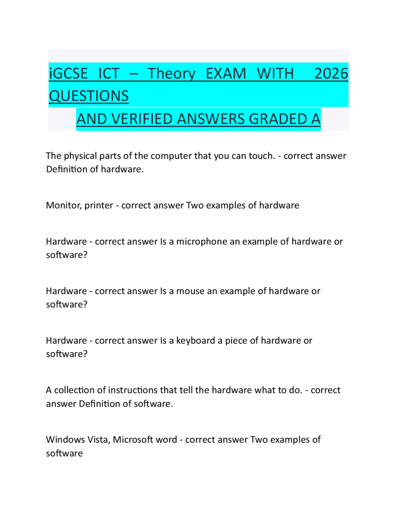 iGCSE ICT – Theory EXAM WITH 2026 QUESTIONS AND VERIFIED ANSWERS GRADED ...