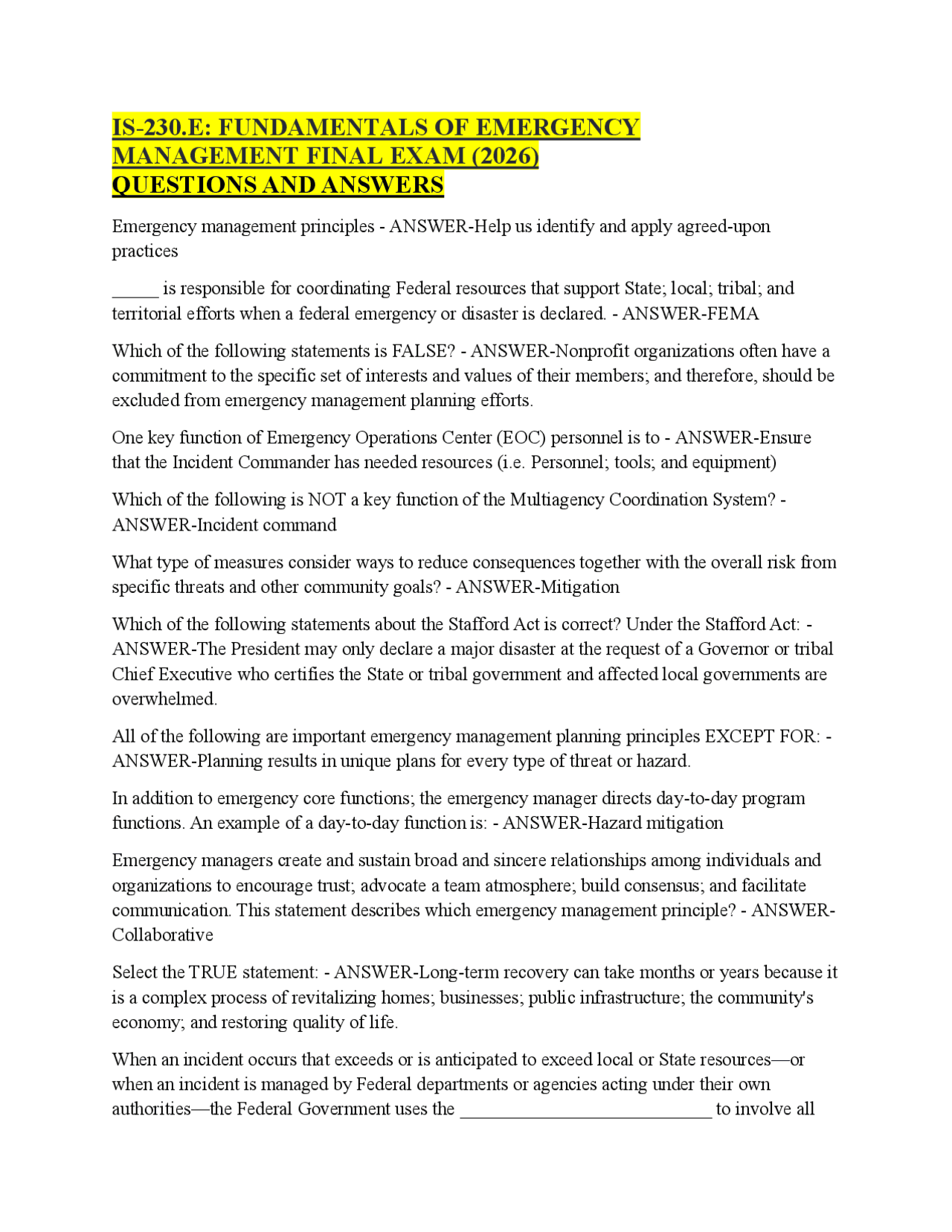 IS-230.E: FUNDAMENTALS OF EMERGENCY MANAGEMENT FINAL EXAM(2026 ...