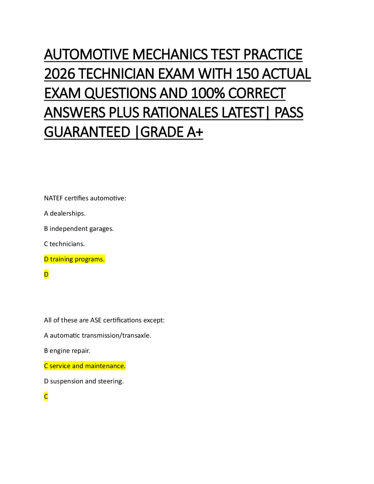 AUTOMOTIVE MECHANICS TEST PRACTICE 2026 TECHNICIAN EXAM WITH 150 ACTUAL ...