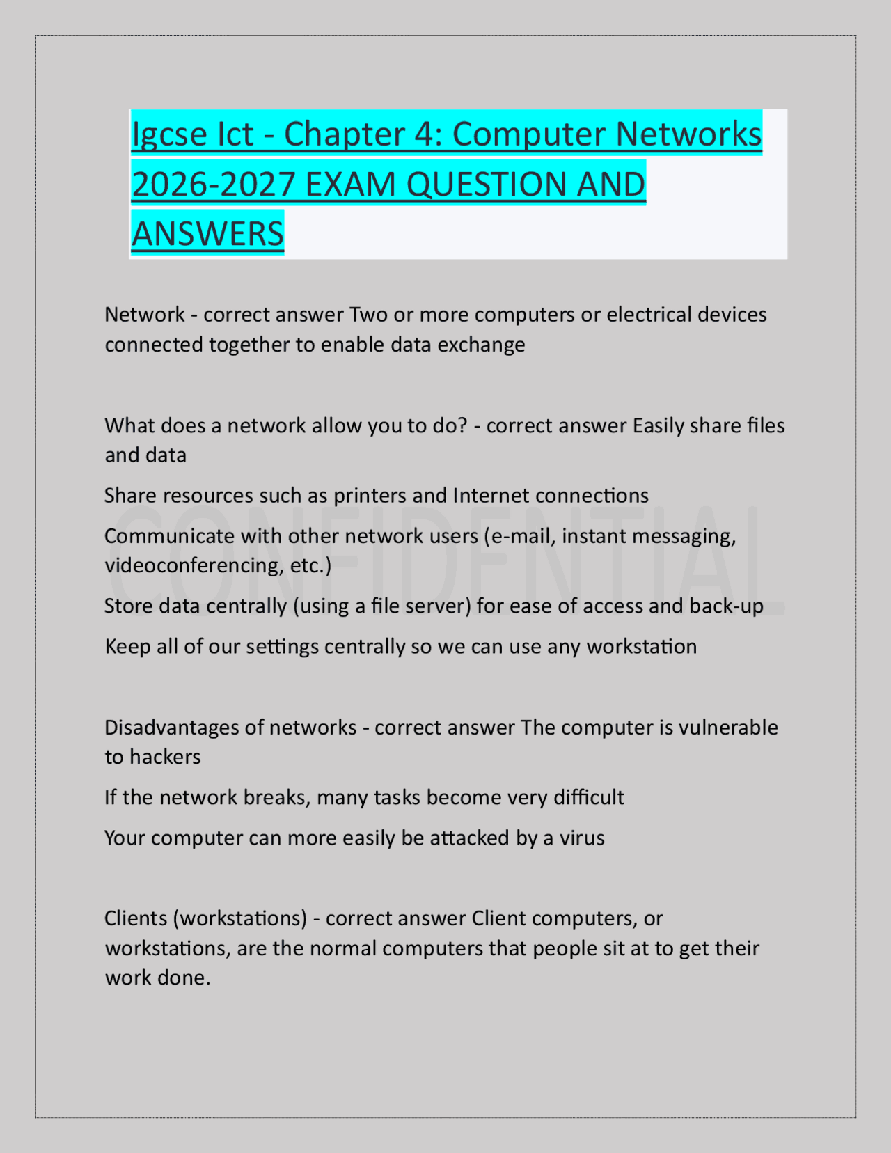 Igcse Ict - Chapter 4: Computer Networks 2026-2027 EXAM QUESTION AND ...