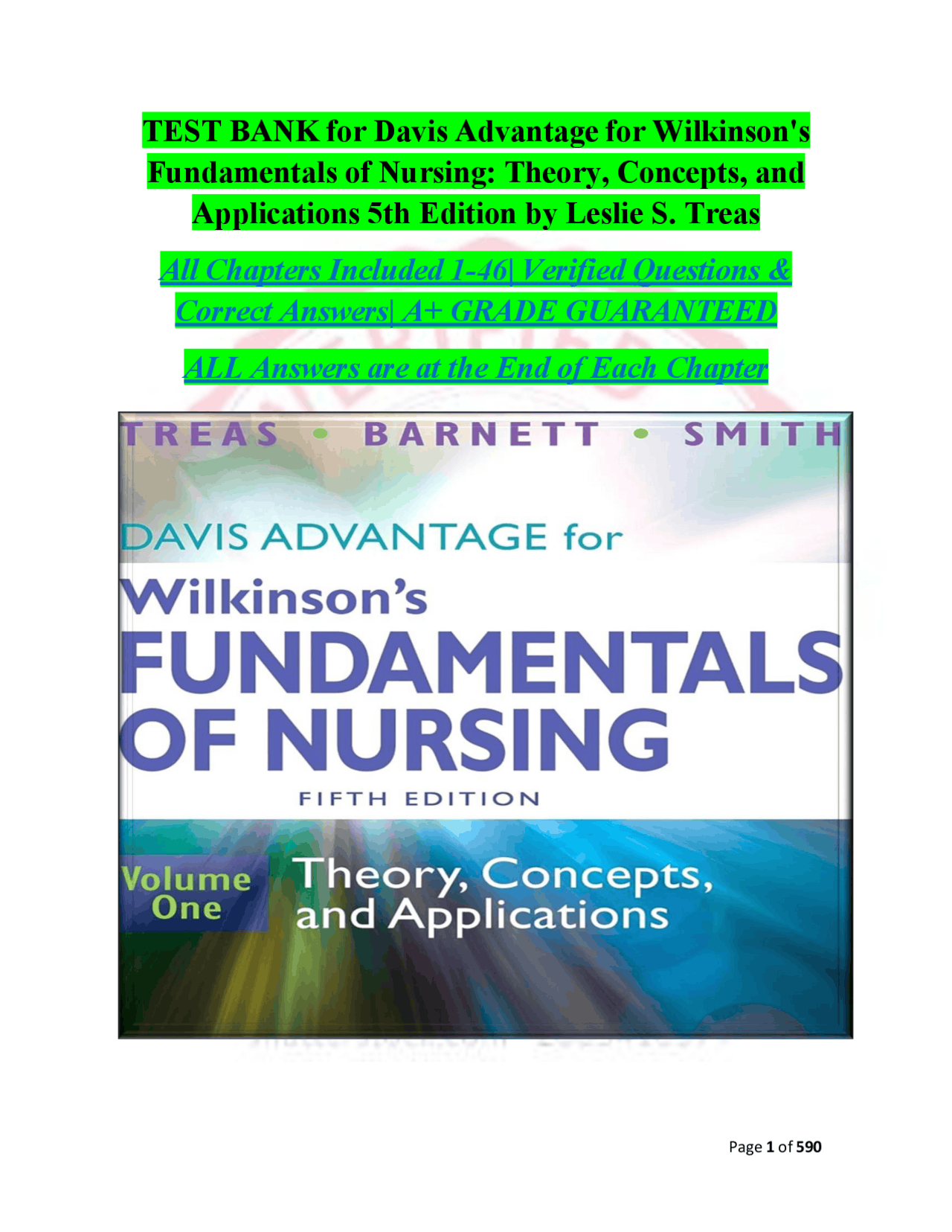 TEST BANK for Davis Advantage for Wilkinson's Fundamentals of Nursing ...