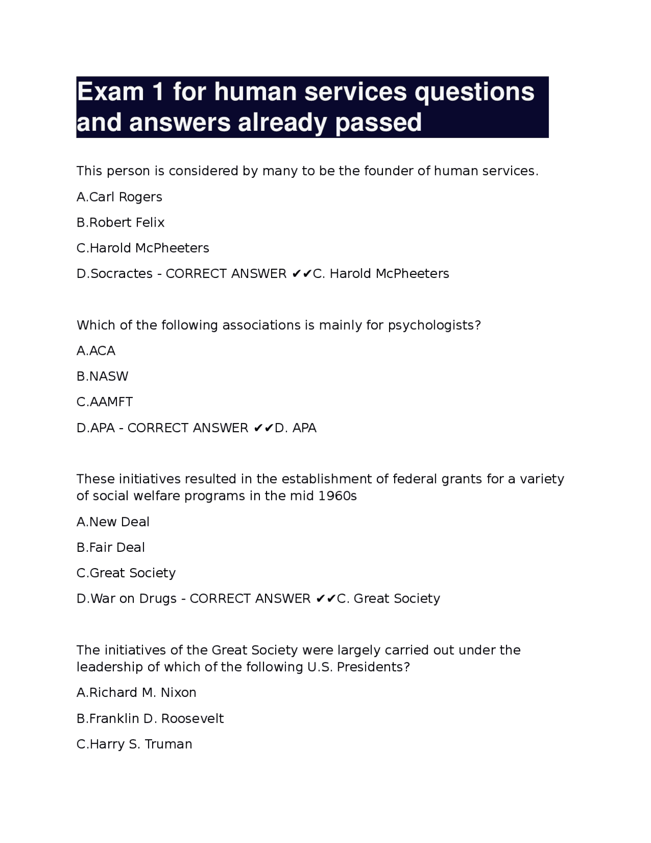 Exam 1 for human services questions and answers already passed-14.docx ...