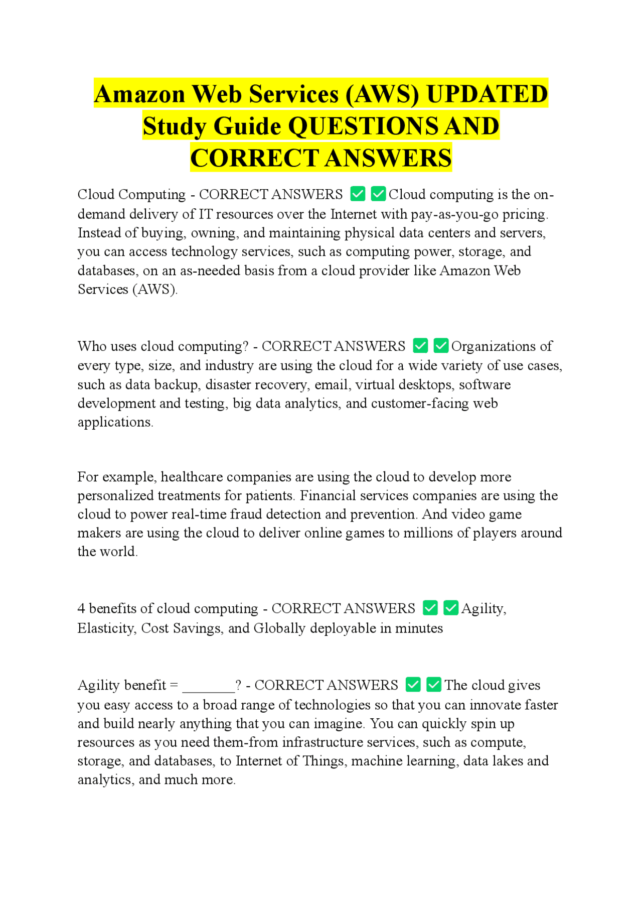 Amazon Web Services (AWS) UPDATED Study Guide QUESTIONS AND CORRECT ...