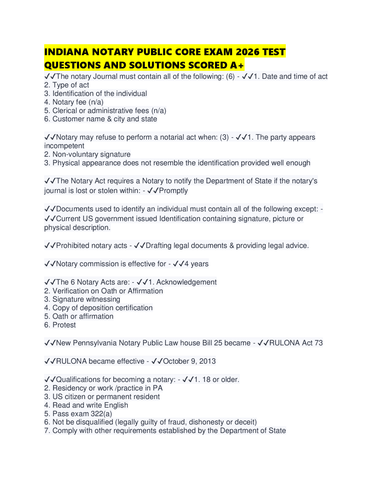INDIANA NOTARY PUBLIC CORE EXAM 2026 TEST QUESTIONS AND SOLUTIONS ...