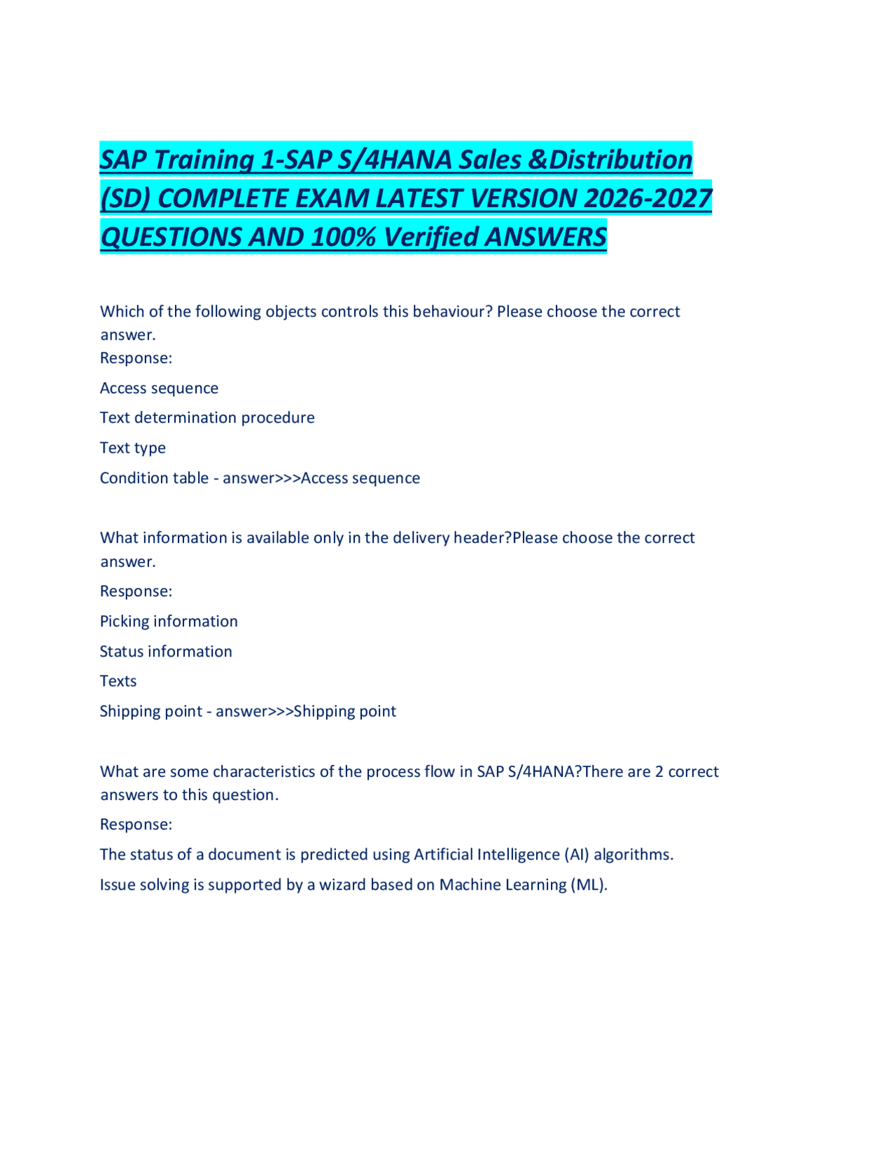 SAP Training 1-SAP S-4HANA Sales &Distribution (SD) COMPLETE EXAM ...