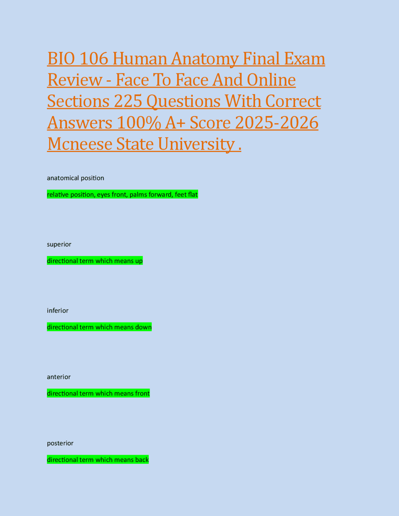 BIO 106 Human Anatomy Final Exam Review - Face To Face And Online ...