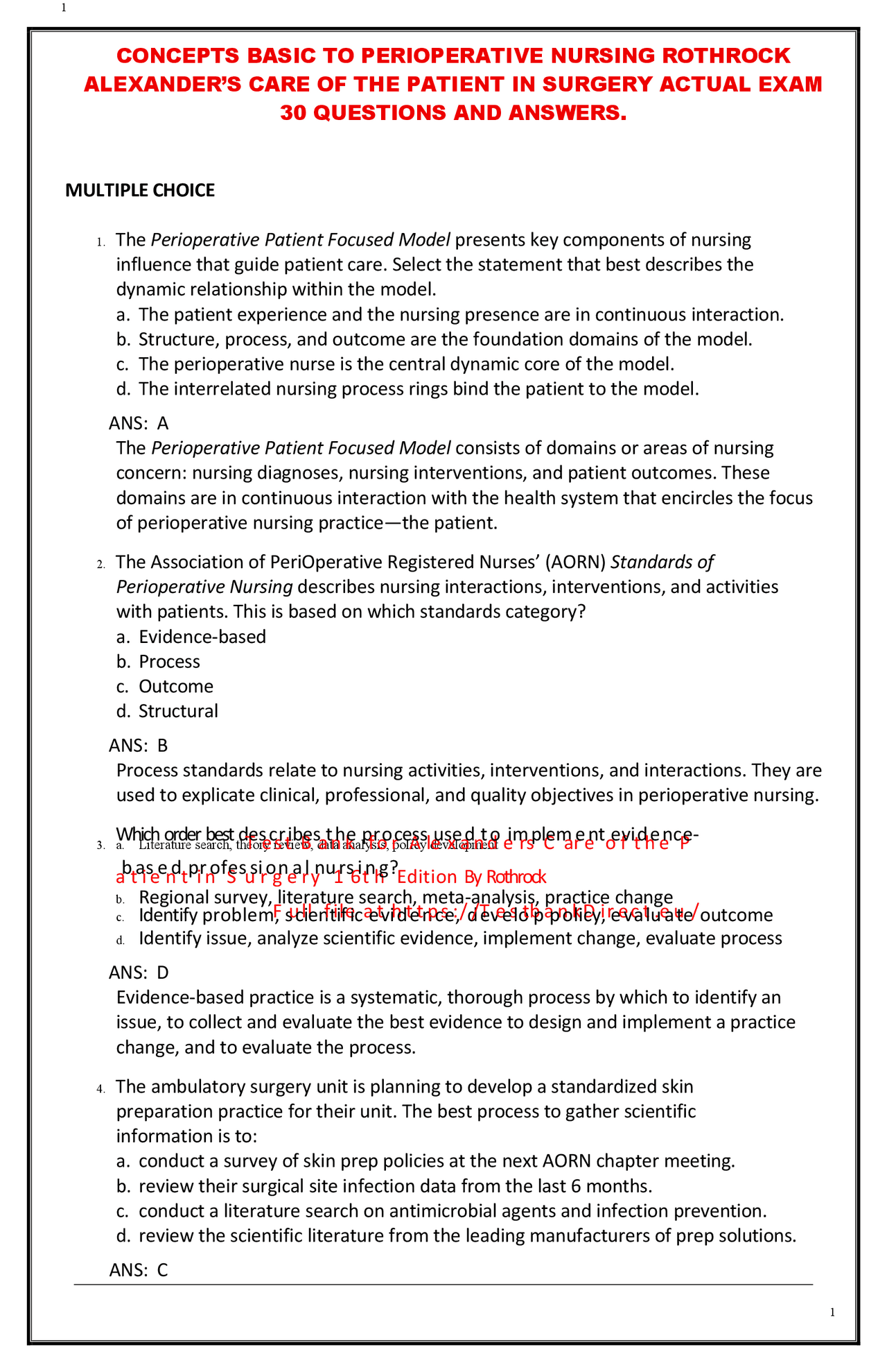 CONCEPTS BASIC TO PERIOPERATIVE NURSING ROTHROCK ALEXANDER’S CARE OF ...