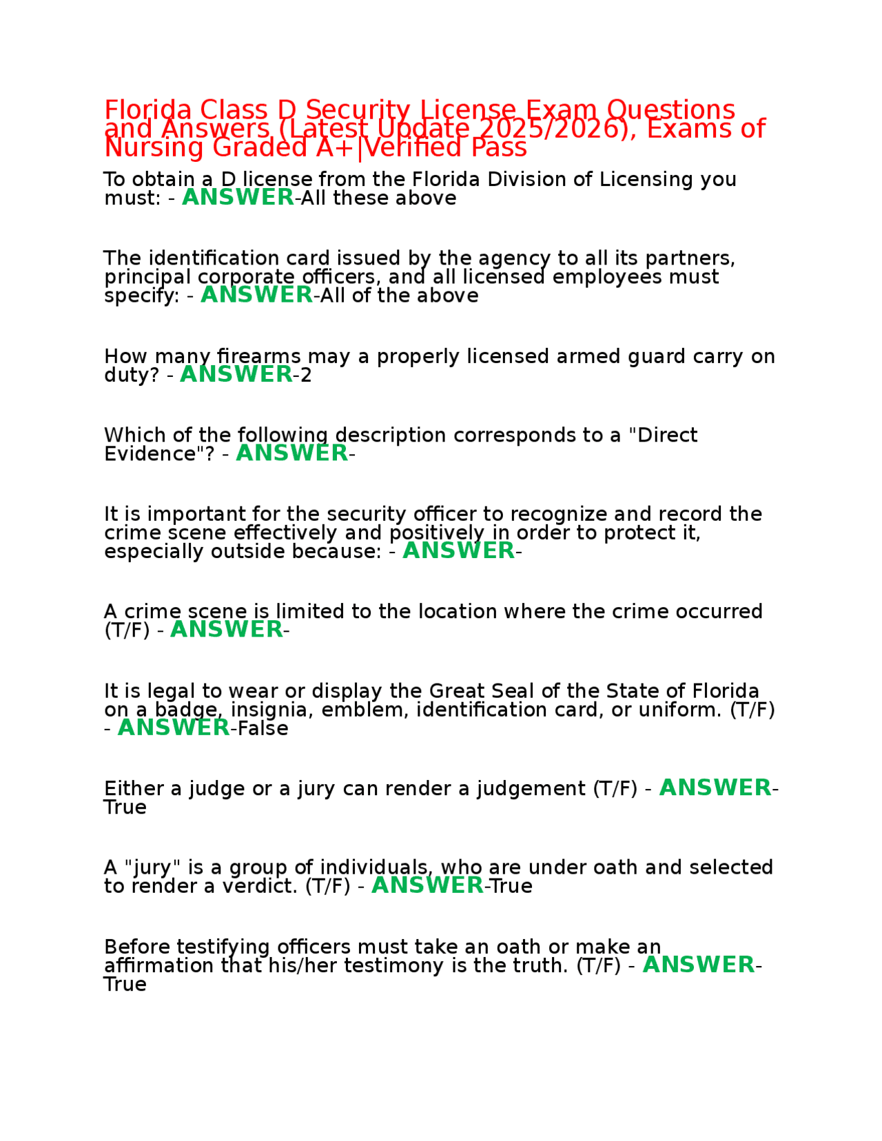 Florida Class D Security License Exam Questions and Answers (Latest ...