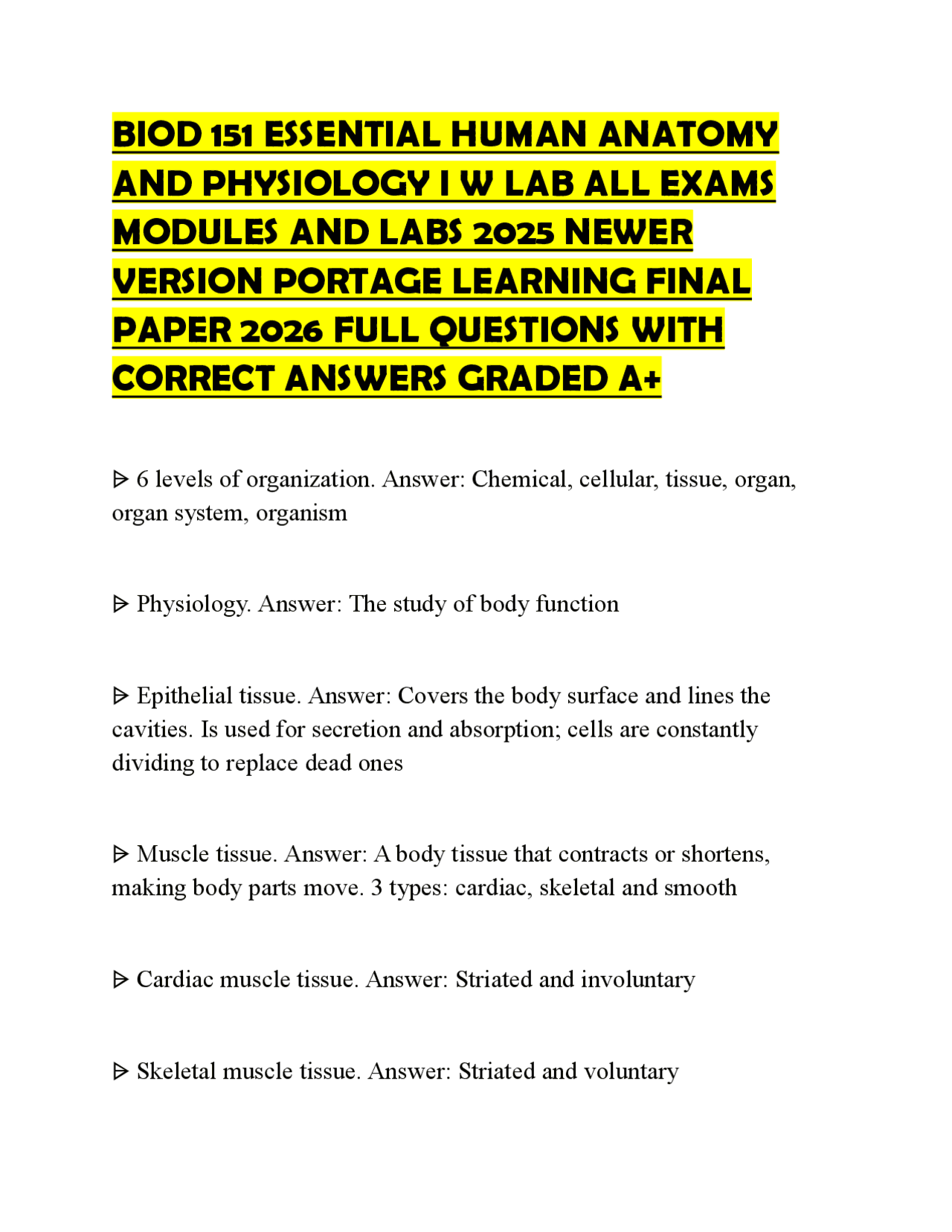 BIOD 151 ESSENTIAL HUMAN ANATOMY AND PHYSIOLOGY I W LAB ALL EXAMS ...