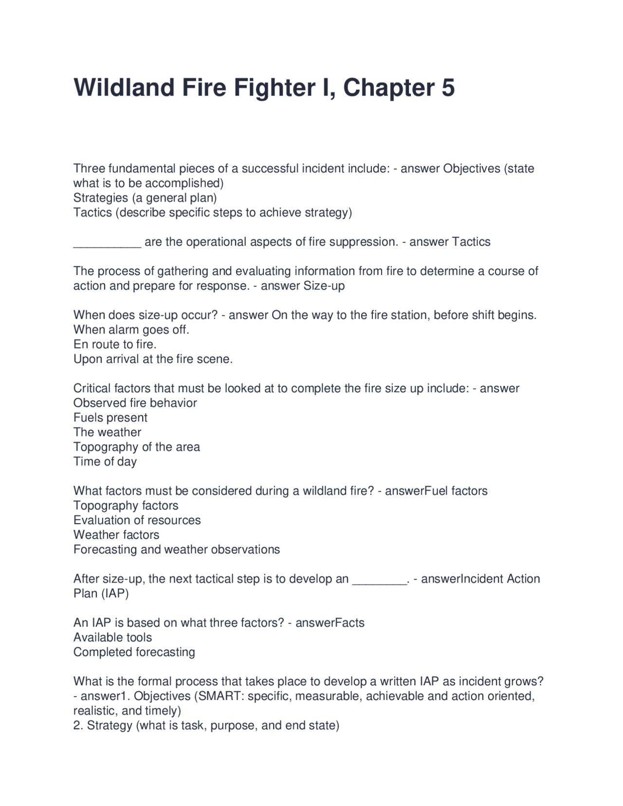 Wildland Fire Fighter I, Chapter 5. Questions and Answers | Exams ...
