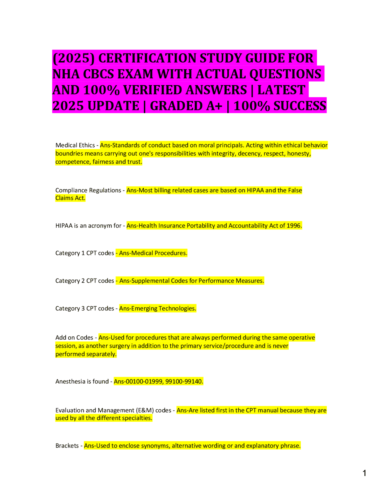 (2025) CERTIFICATION STUDY GUIDE FOR NHA CBCS EXAM WITH ACTUAL ...