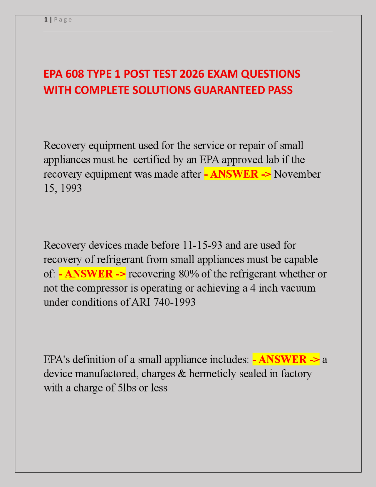 EPA 608 TYPE 1 POST TEST 2026 EXAM QUESTIONS WITH COMPLETE SOLUTIONS ...