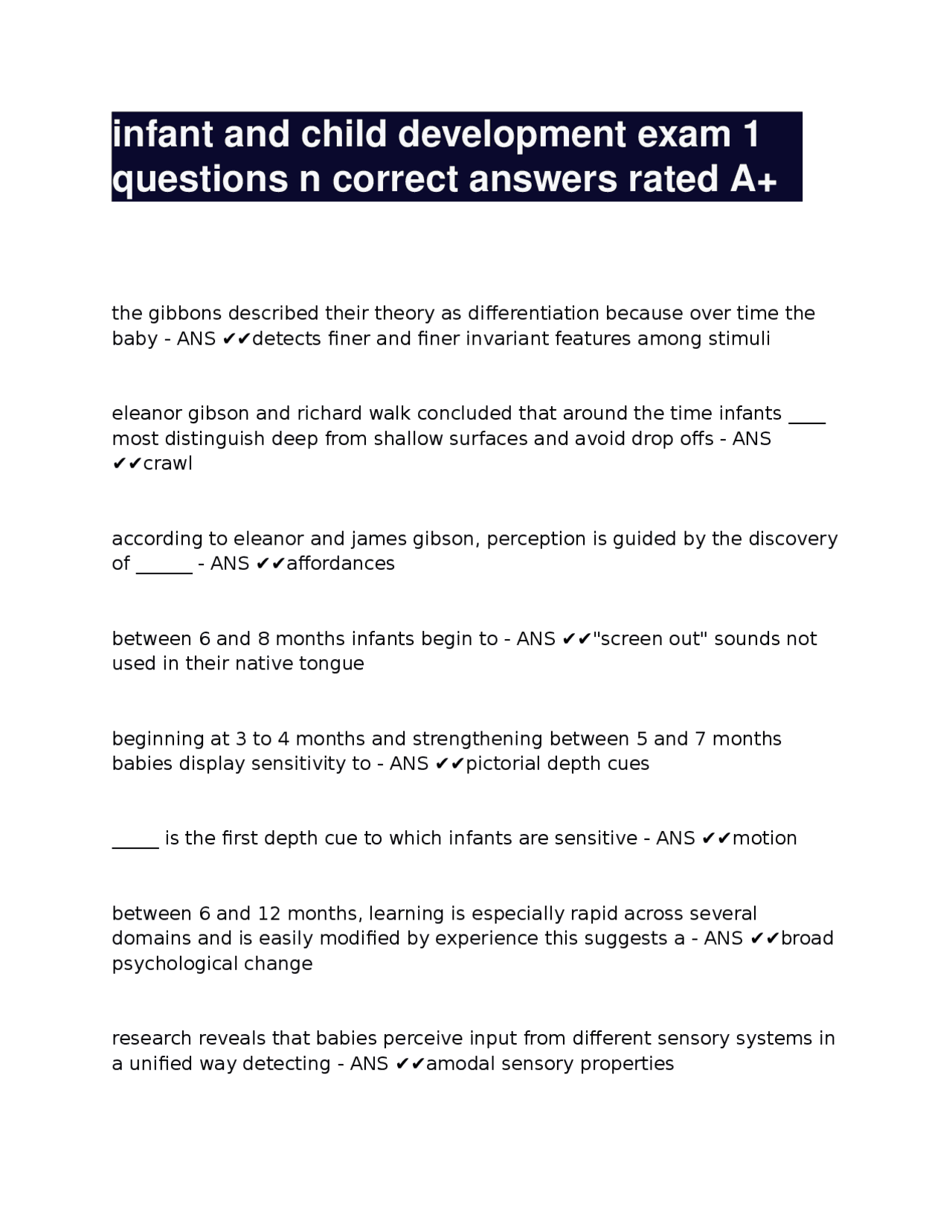 infant and child development exam 1 questions n correct answers rated ...