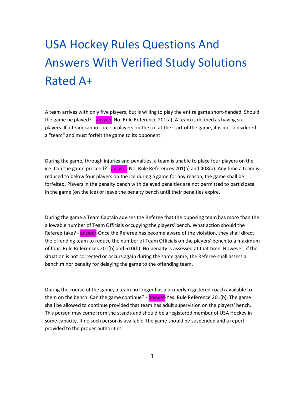 USA Hockey Rules Q&A: Verified Study Guide & Practice Questions (A+ ...